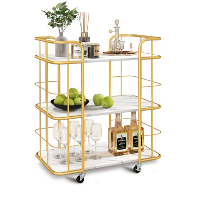 Costway 3 Tier Buffet Serving Cart Rolling Bar Cart w/ White Faux ...