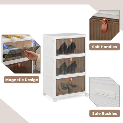 Costway 3 Tier Foldable Shoe Storage Box Bin Stackable Shoe Organizer W ...