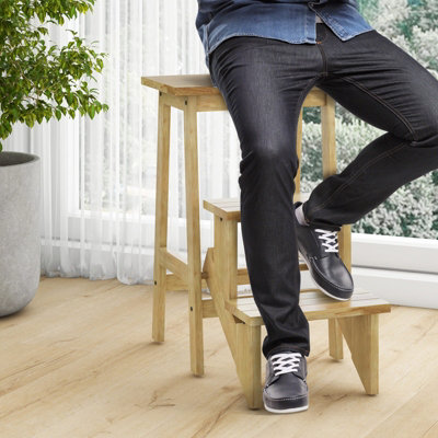 Costway 3-Tier Folding Step Stool Rubber Wood Ladder Chair Bench-Natural