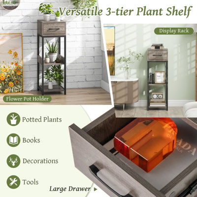 Costway 3 Tier Indoor Plant Stand Metal Plant Table w/ Drawer Vertical ...
