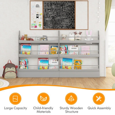 Costway 3 Tier Kids Bookshelf Toy Storage Bookcase Rack Wall w Anti toppling Kits Grey