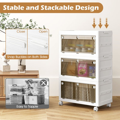 COSTWAY 3-Tier Stackable Storage Bins Bedroom Collapsible Storage Boxes ...