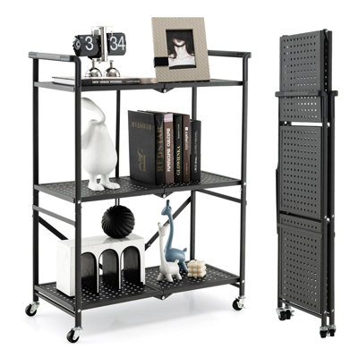 Costway 3-Tier Steel Rack Foldable Kitchen Storage Shelves w/ 2 ...