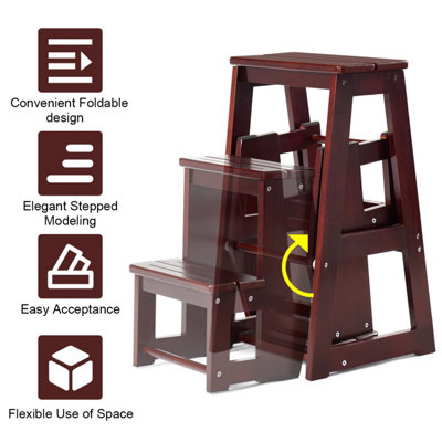 Costway 3 Tier Wood Step Stool Indoor Folding Step Ladder