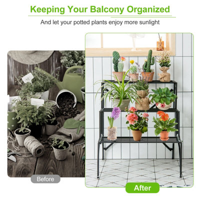 COSTWAY 3 Tiers Metal Plant Stand Indoor Outdoor Ladder Flower Rack ...