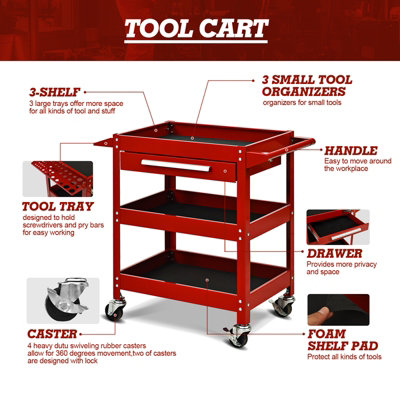Costway 3-Tray Tool Cart Rolling Utility Cart Tray Organizer w/ Drawer ...