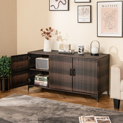 COSTWAY 318 L Patio Wicker Storage Cabinet 3-Door Deck Box Indoor PE ...