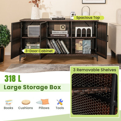 COSTWAY 318 L Patio Wicker Storage Cabinet 3-Door Deck Box Indoor PE ...
