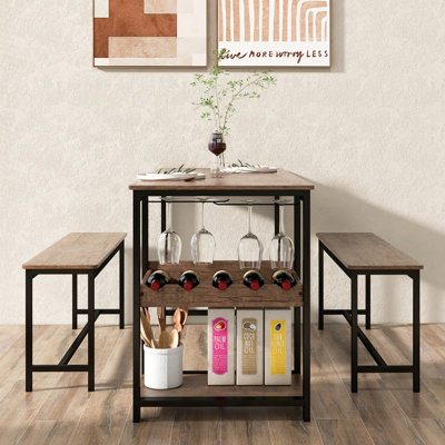 Costway 3PCS Dining Table Set Kitchen Table & 2 Benches W/ Storage ...