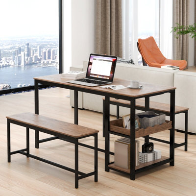 Costway 3PCS Dining Table Set Kitchen Table & 2 Benches W/ Storage ...