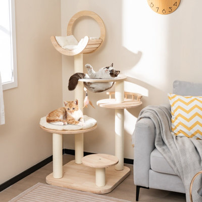 Costway 4-in-1 Wooden Cat Tower Large Modern Cat Tree Tower Multi-level ...