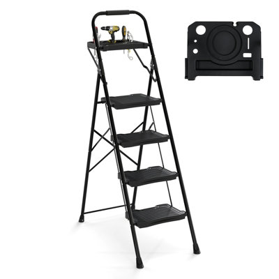 COSTWAY 4 Step Ladder with Tool Tray Metal Step Stool with Anti-Slip ...