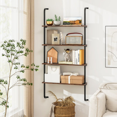 COSTWAY 4-Tier Industrial Hanging Wall Display Bookshelf Wall Mounted ...