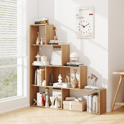 COSTWAY 4-Tier Stepped Bookshelf Modern Ladder Bookcase 6 Storage Cubes ...