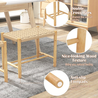 COSTWAY 45cm Dining Stool Set of 2 Rubber Wood Frame & Woven Paper Seat