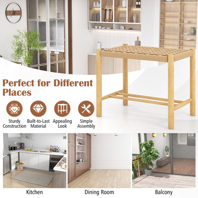 COSTWAY 45cm Dining Stool Set of 2 Rubber Wood Frame & Woven Paper Seat