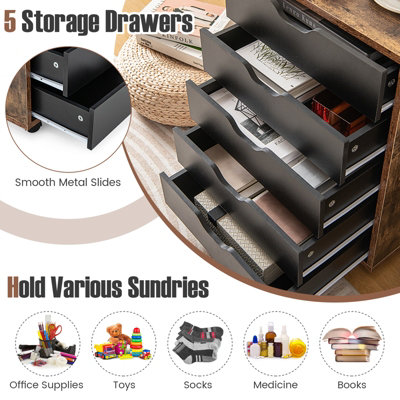 Costway 5 Drawer Rolling Storage Cabinet Mobile Chest of Drawers Wooden ...