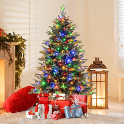 COSTWAY 5 FT Artificial Xmas Tree Hinged Pre-Lit Christmas Tree w/ 3 ...