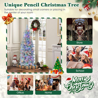 COSTWAY 5 FT Pre-Lit Artificial Christmas Tree Hinged Slim Pencil ...