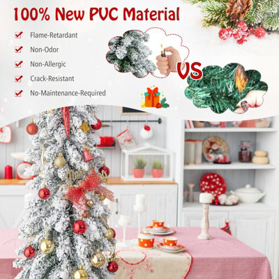 COSTWAY 5 FT Pre Lit Artificial Christmas Tree Snow Flocked Slim Pencil Christmas Tree