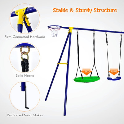 Costway 5-In-1 Outdoor Kids Swing Set w/2 Swings 1 Basketball Hoop, 1 ...