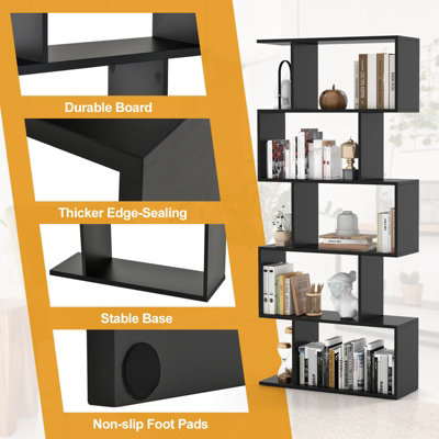 Costway 5-tier Bookcase Anti-Toppling S-Shaped Bookshelf Wooden Storage ...