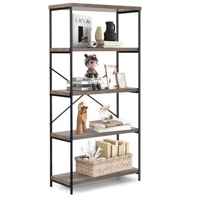 Costway 5-Tier Bookshelf Industrial Wood Bookcase Freestanding Display ...