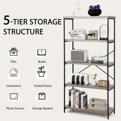 Costway 5-Tier Bookshelf Industrial Wood Bookcase Freestanding Display ...