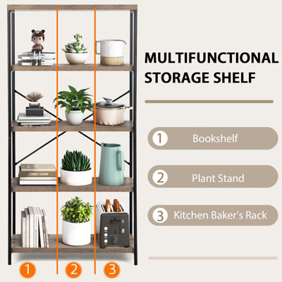 Costway 5-Tier Bookshelf Industrial Wood Bookcase Freestanding Display ...