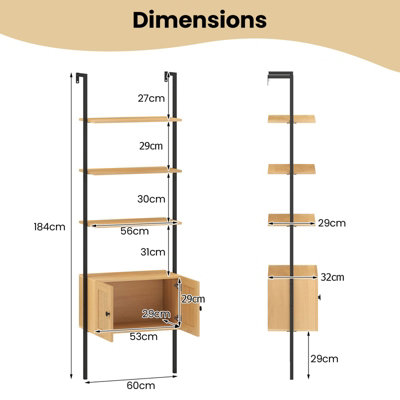 COSTWAY 5-Tier Ladder Bookcase 184CM Tall Wall-Mounted Bookshelf-Natural