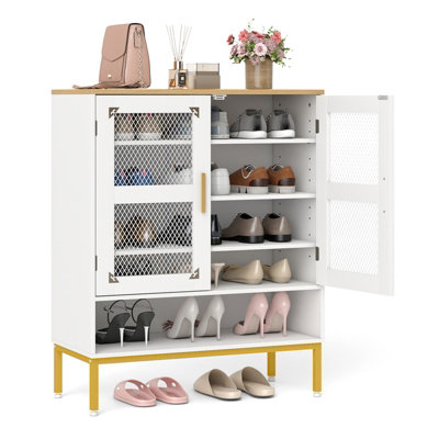 COSTWAY 5-Tier Shoe Cabinet with Mesh Doors Wooden Modern Shoe Storage ...