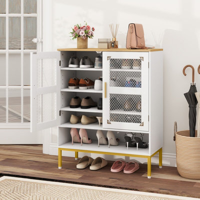 COSTWAY 5-Tier Shoe Cabinet with Mesh Doors Wooden Modern Shoe Storage ...