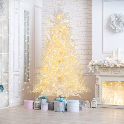 COSTWAY 6 FT Pre Lit Artificial Christmas Tree White Hinged Xmas Tree w Snow Flocked PE