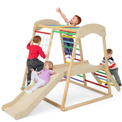 Costway 6 in 1 Wooden Climber Playset Kids Slide Jungle Gym W Monkey Bars Climbing Ladder