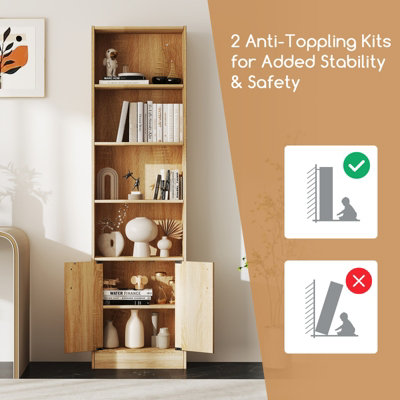 COSTWAY 6-Tier Bookshelf 180cm Tall Bookcase w/4 Open Cubes & Double ...