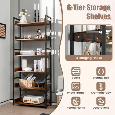 Costway 6 Tier Bookshelf Industrial Bookcase Standing Display Rack w 4 Hooks