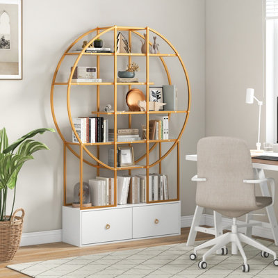 Costway 6 Tier Golden Bookshelf 180cm Tall Metal Bookcase w Staggered Shelves