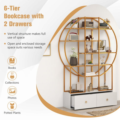 Costway 6-Tier Golden Bookshelf 180cm Tall Metal Bookcase w/ Staggered ...