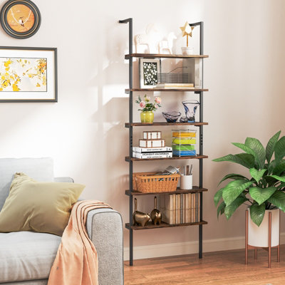 COSTWAY 6-Tier Ladder Shelf Wall Mounted Industrial Bookshelf with ...