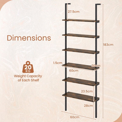 COSTWAY 6-Tier Ladder Shelf Wall Mounted Industrial Bookshelf with ...
