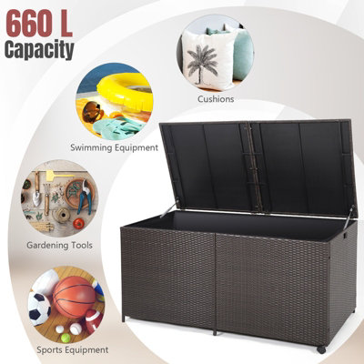 Costway 660L Deck Storage Box Outdoor Wicker Storage Container w/ Wheels