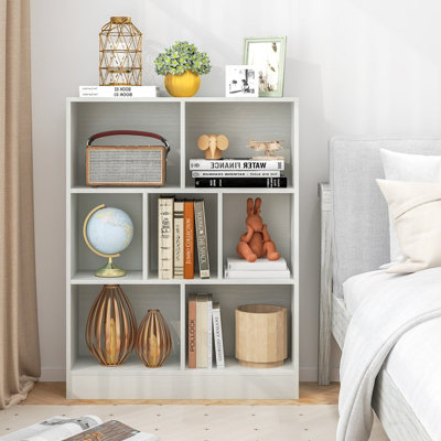 COSTWAY 7-Cube Bookshelf 3-Tier Cubby Storage Organizer Wooden Cube ...