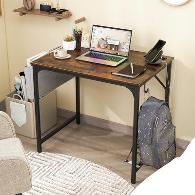 COSTWAY 80 X 60 cm Computer Desk Home Office Desk w/ Charging Station-Brown