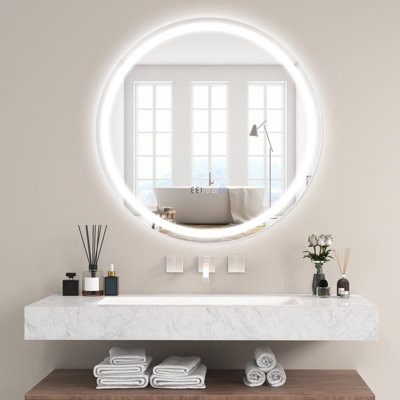 Costway 80 x 80cm LED Bathroom Mirror Wall Mounted Round Mirror with 3 ...