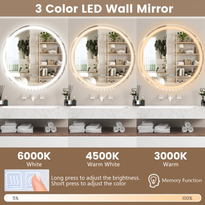 Costway 80 x 80cm LED Bathroom Mirror Wall Mounted Round Mirror with 3 ...