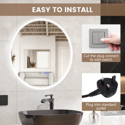 Costway 80 x 80cm LED Bathroom Mirror Wall Mounted Round Mirror with 3 ...