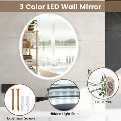Costway 80 x 80cm LED Bathroom Mirror Wall Mounted Round Mirror with 3 ...