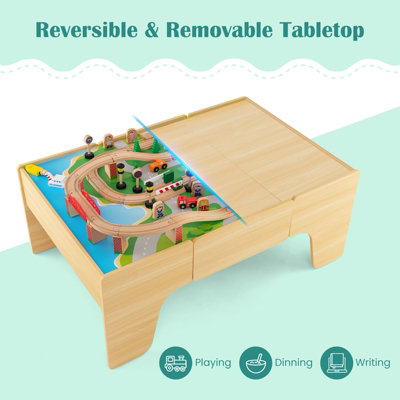 Costway 84 PCS Kids Wooden Train Track Railway Playset Activity Table W ...