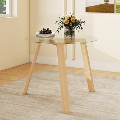 COSTWAY 90cm Round Kitchen Table Tempered Glass Dining Table for 4-Natural