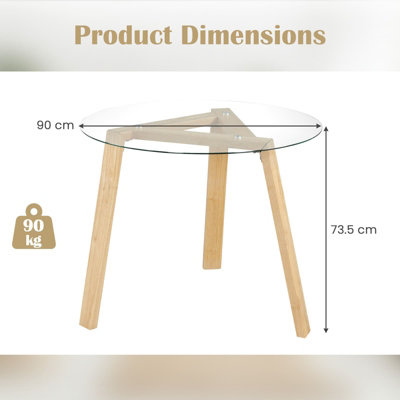 COSTWAY 90cm Round Kitchen Table Tempered Glass Dining Table for 4-Natural